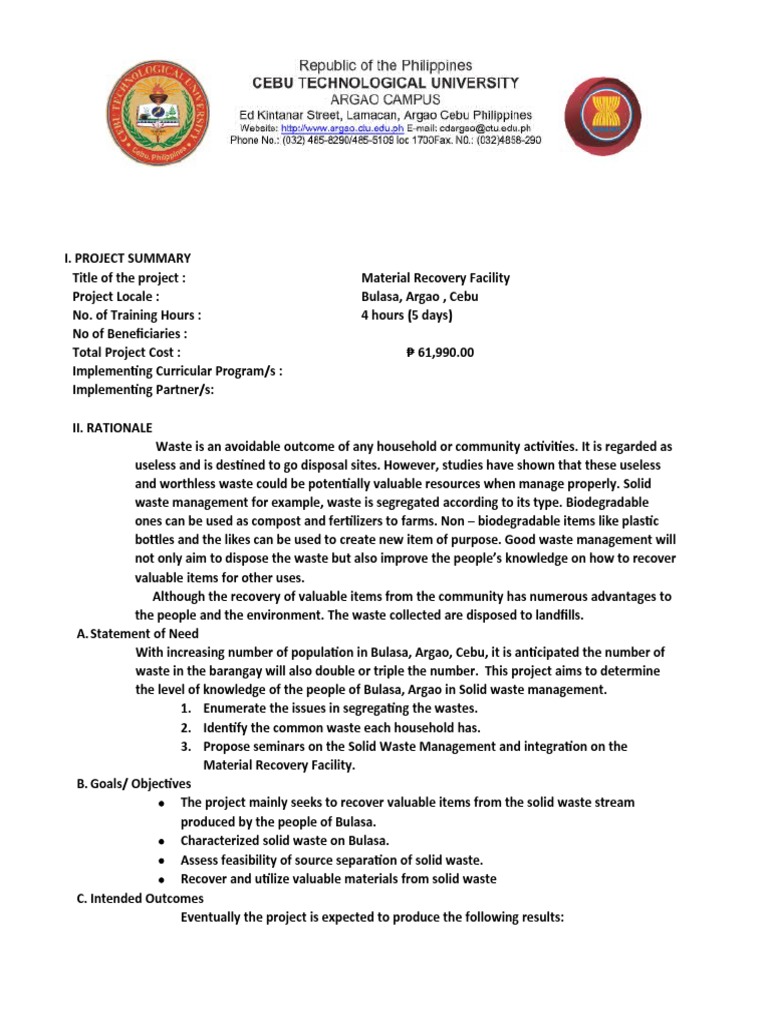 Project Proposal Material Recovery Facility 2 | PDF | Waste Management ...