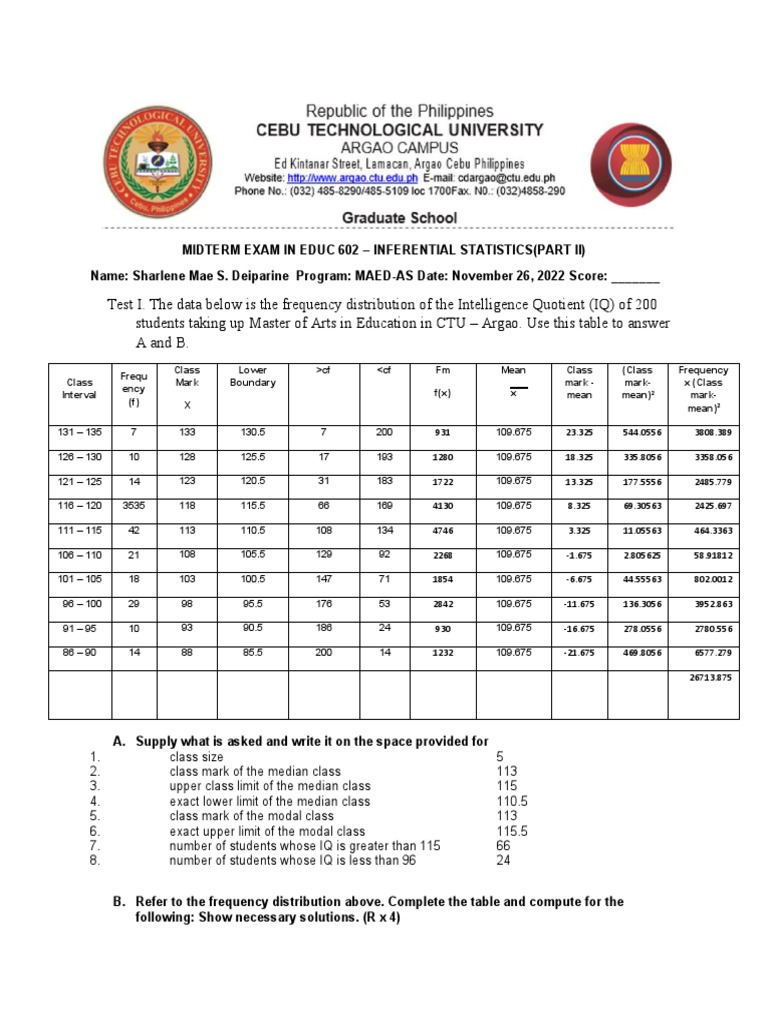2022-3-Midterm Exam in Educ 602-Part 2 | PDF | Errors And Residuals | Mean