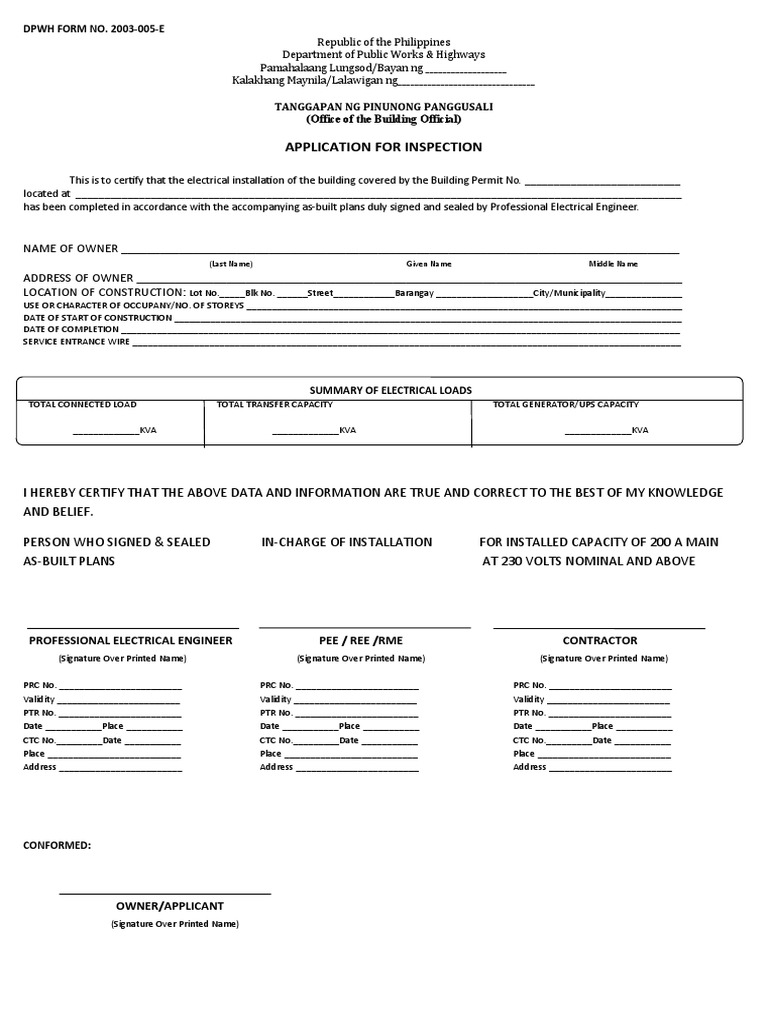 Electrical Inspection Application Form | PDF | Electrical Engineering ...