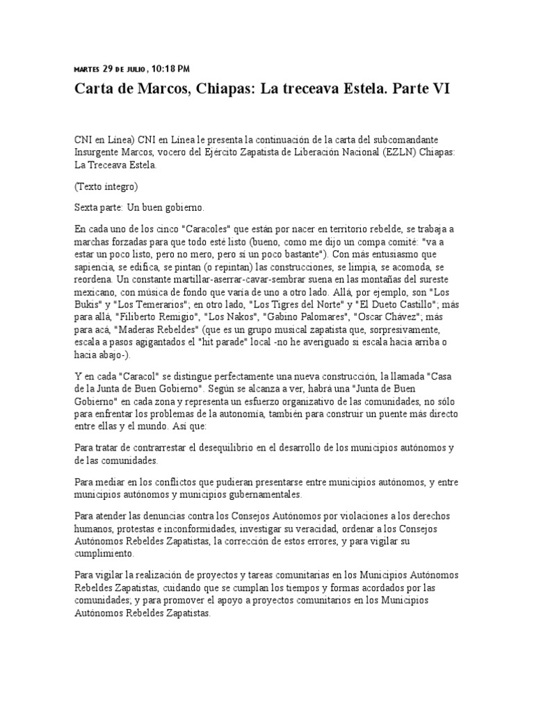 Carta de Marcos, Chiapas La Treceava Estela. | PDF | Ejército Zapatista de Liberación Nacional ...