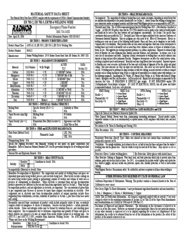 Er70s-2 MSDS | PDF | Welding | Construction