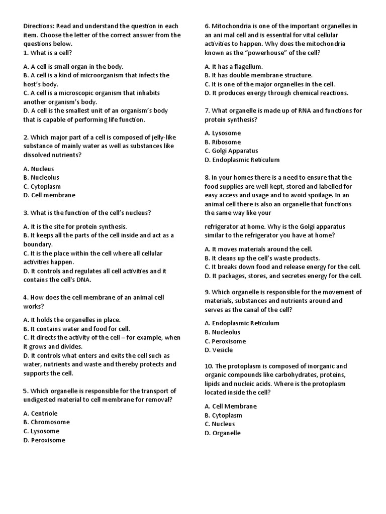 Science7 Pretest Cells | PDF | Cell (Biology) | Organelle