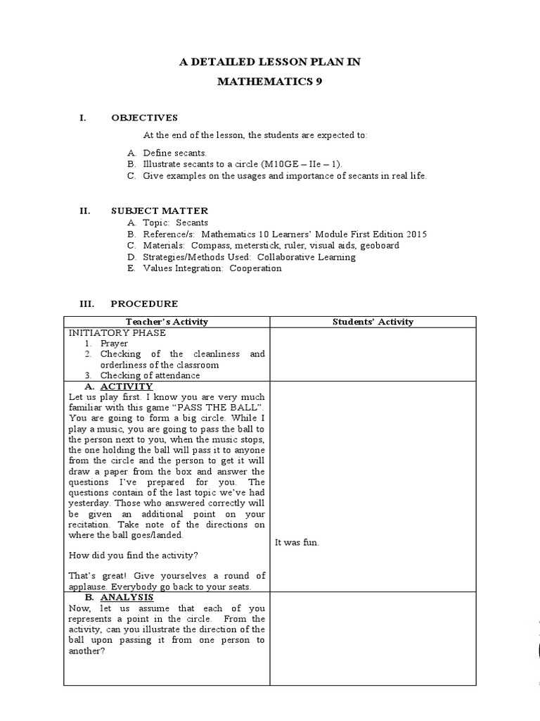 A Detailed Lesson Plan in Secants | PDF | Circle | Trigonometric Functions