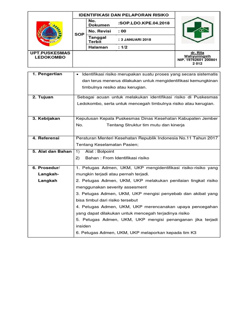 Sop Identifikasi Risiko Puskesmasdocx | PDF | Sains & Matematika