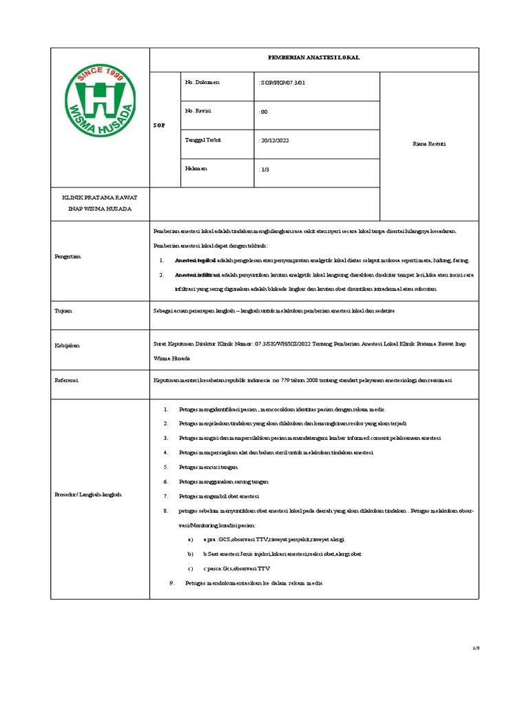 1 - Sop Pemberian Anastesi Lokal | PDF