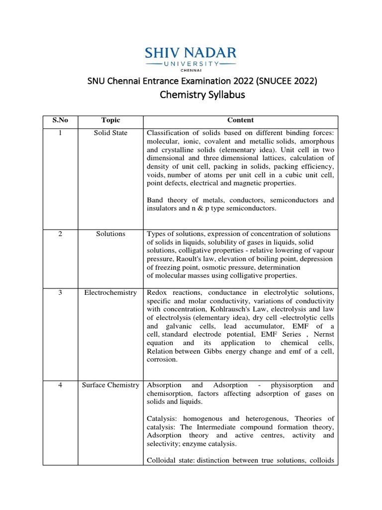 Chemistry Syllabus SNUCEE 2022 | PDF | Chemical Reactions ...