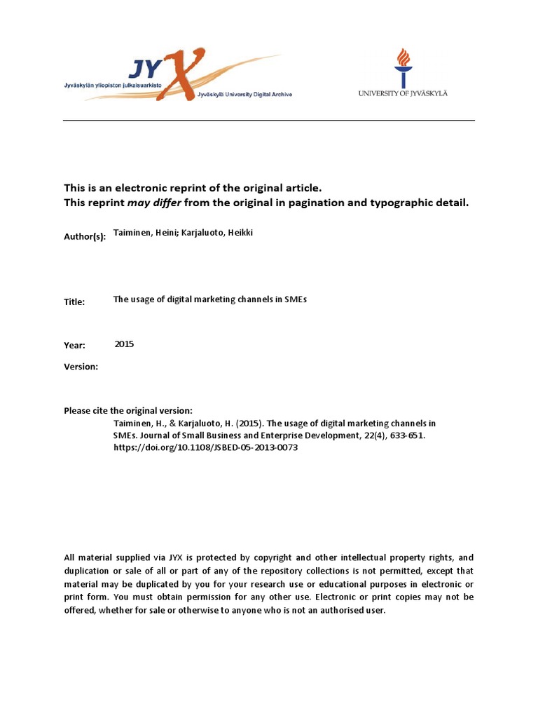 Taiminen 2015 The Usage of Digital Marketing Chan | PDF