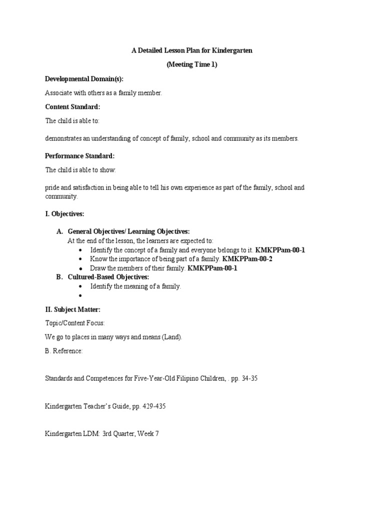 A Detailed Lesson Plan For Kindergarten - Family | PDF