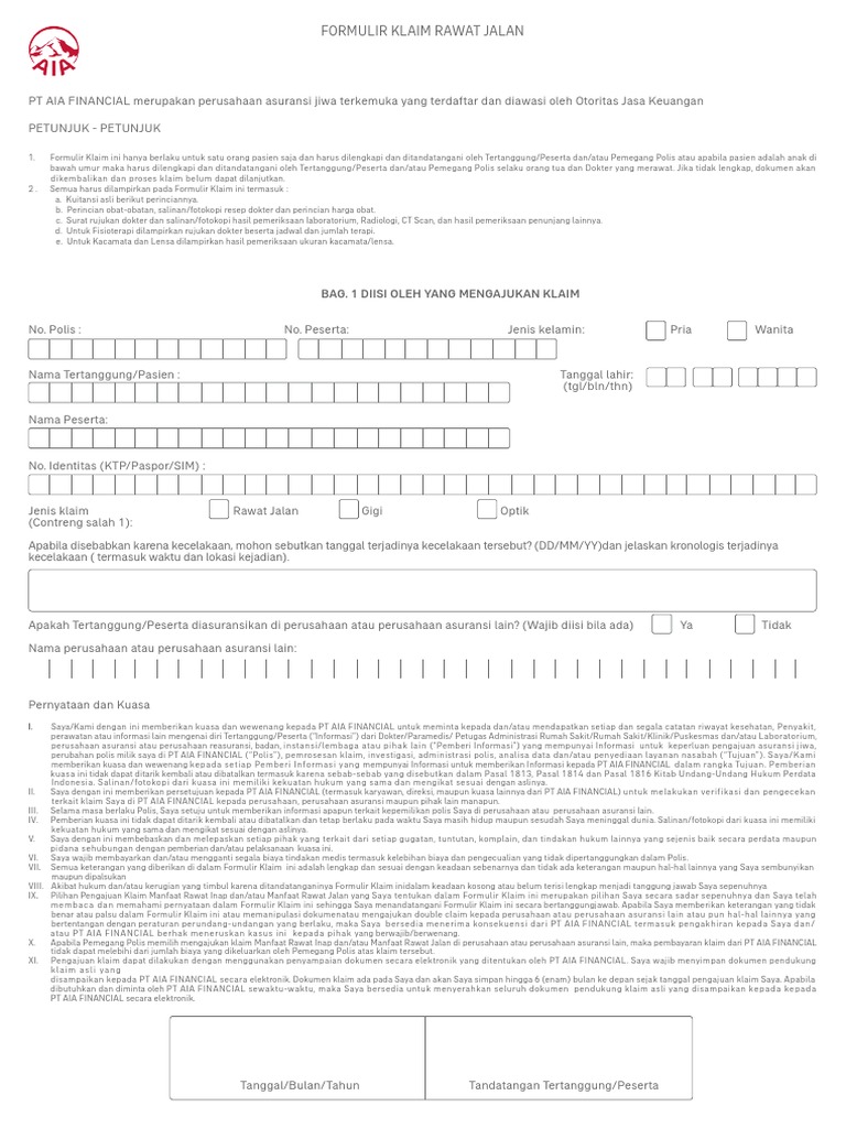 Formulir Klaim Rawat Jalan AIA Financial | PDF | Ilmu Sosial | Hukum