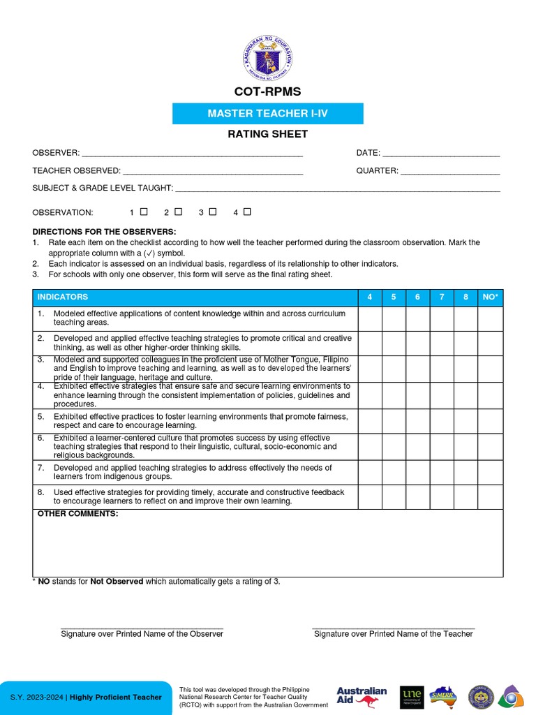 (Appendix C-06) COT-RPMS Rating Sheet For MT I-IV For SY 2023-2024 ...