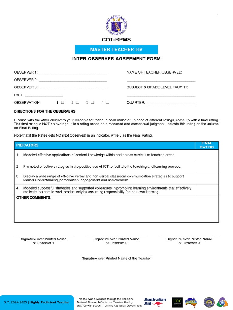 (Appendix C-14) COT-RPMS Inter-Observer Agreement Form For MT I-IV For SY 2024-2025 | PDF ...
