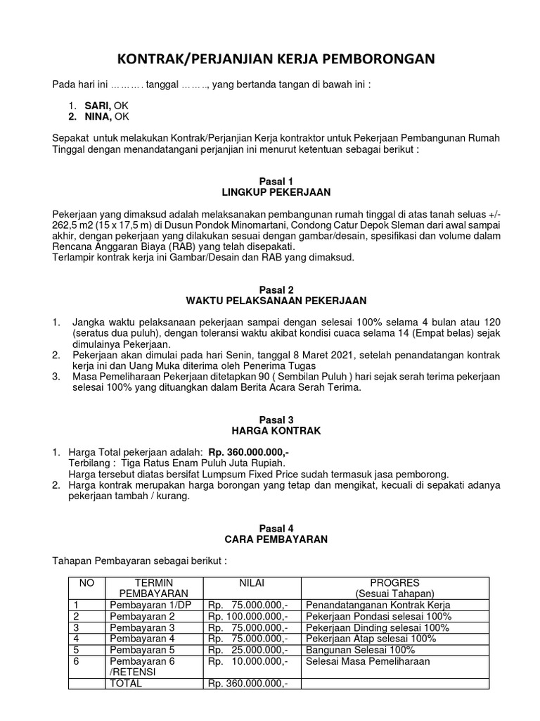 Contoh Draf Kontrak - Bangunan Rumah | PDF | Pengelolaan Keuangan ...