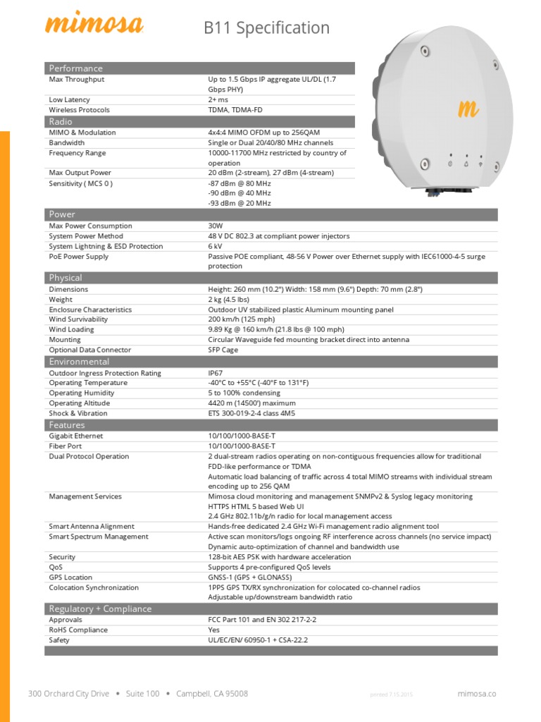 Mimosa Specification B11 | PDF | Radio | Telecommunications Engineering Mimosa Specification B11 | PDF | Radio | Telecommunications Engineering