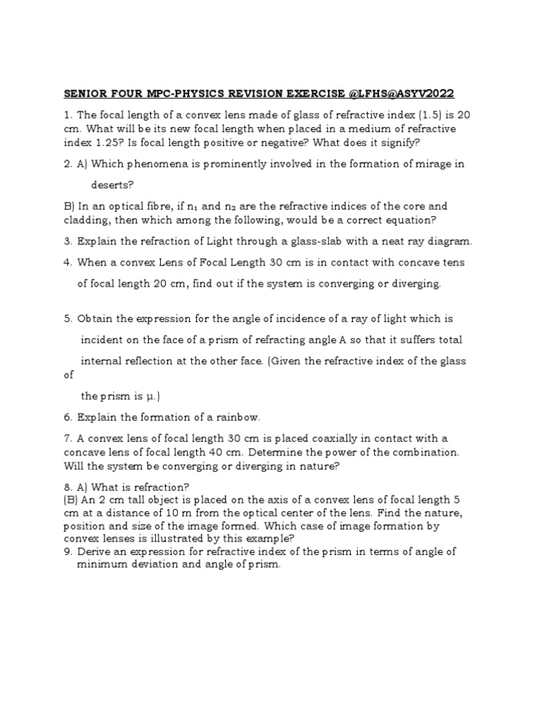 Revision Questions Set1-Optics | PDF | Refraction | Optics