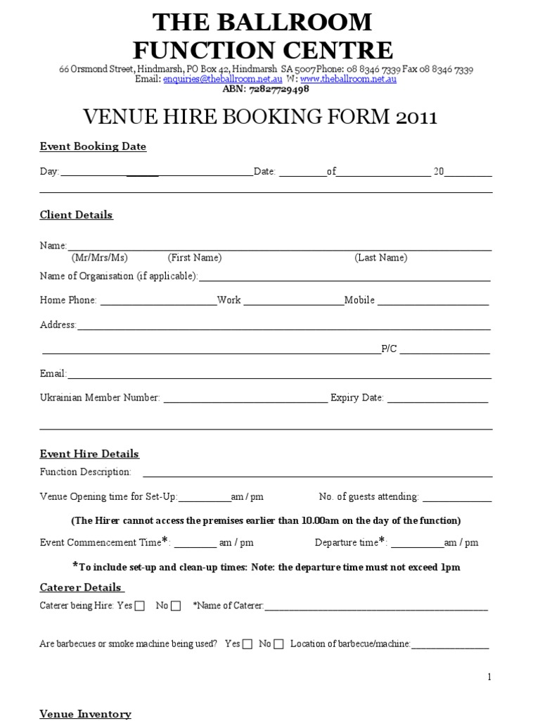 Venue Hire Booking Form 2011