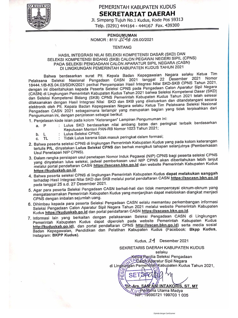 Pengumuman Hasil Integrasi Nilai SKD Dan SKB CPNS Pemkab Kudus TH | PDF