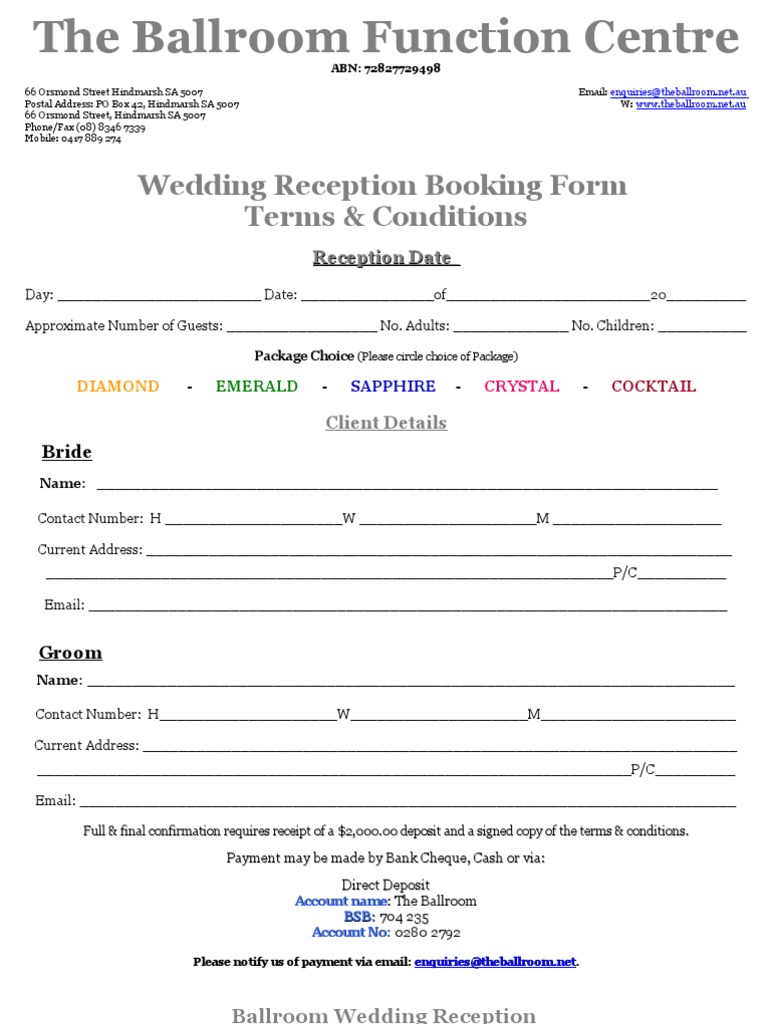 Ballroom Reception Booking Form | PDF | Payments | Deposit Account