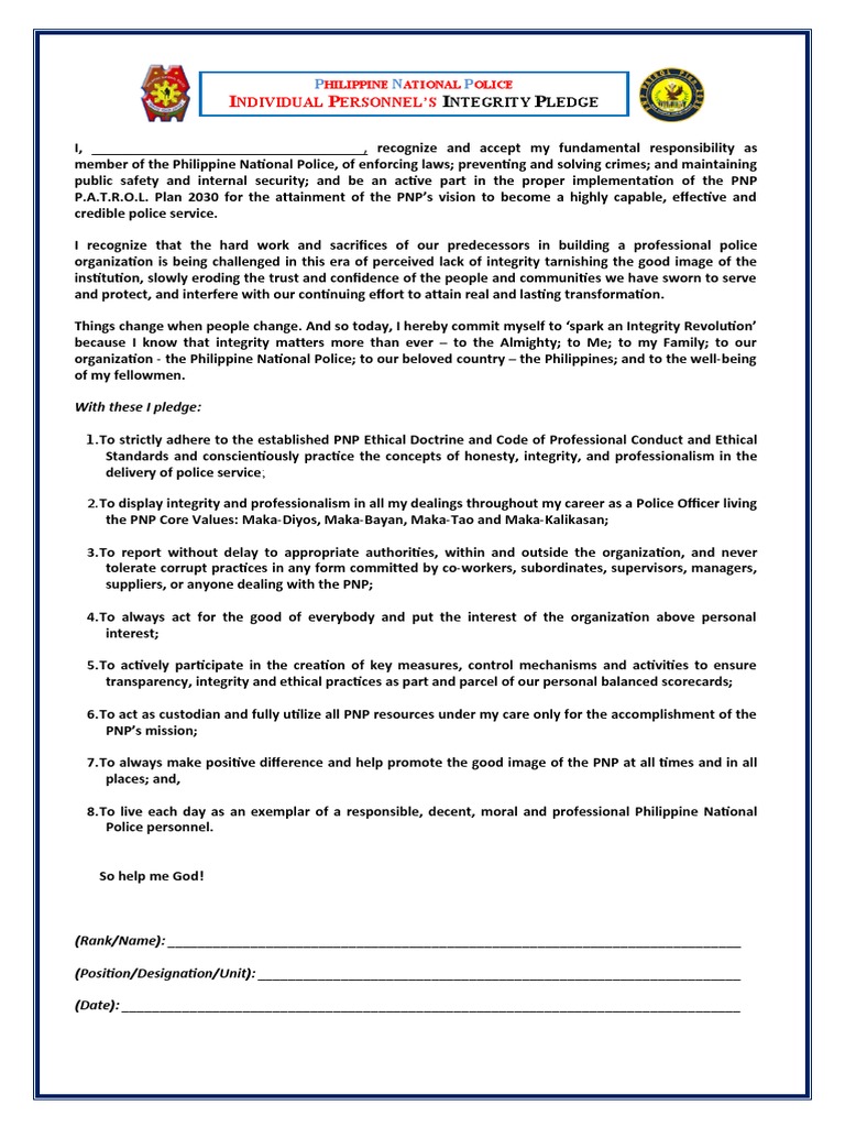 Individual Integrity Pledge (Dumandan) | PDF | Integrity | Police