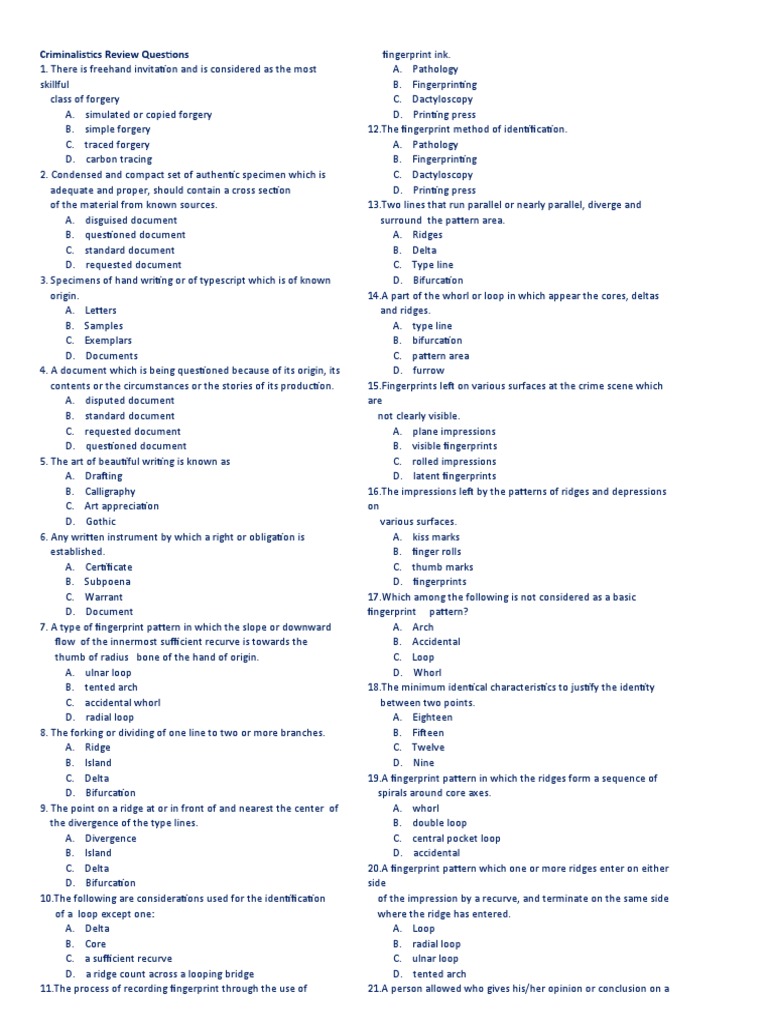 Criminalistics Review Questions | PDF | Fingerprint | Forensic Science