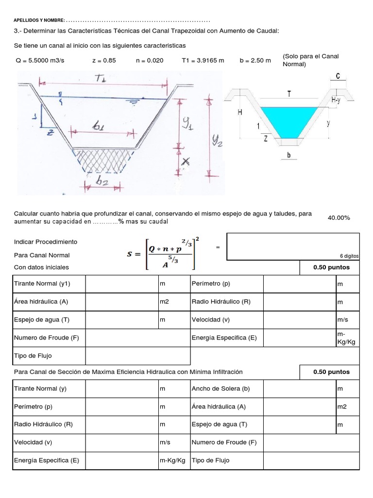 E03 - Canal Trapezoidal Con Aumento de Caudal | PDF | Descarga (hidrología) | Hidrología