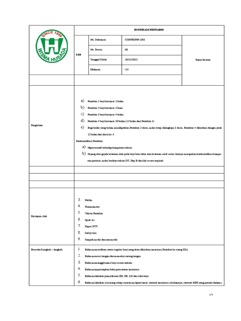 SOP Imunisasi Pentabio Bayi | PDF