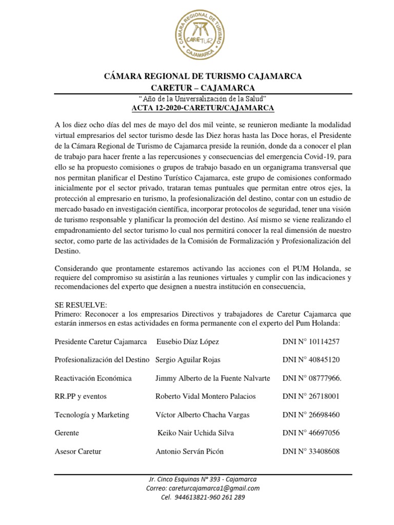 Acta 012.2020 Caretur Cajamarca | PDF | Turismo