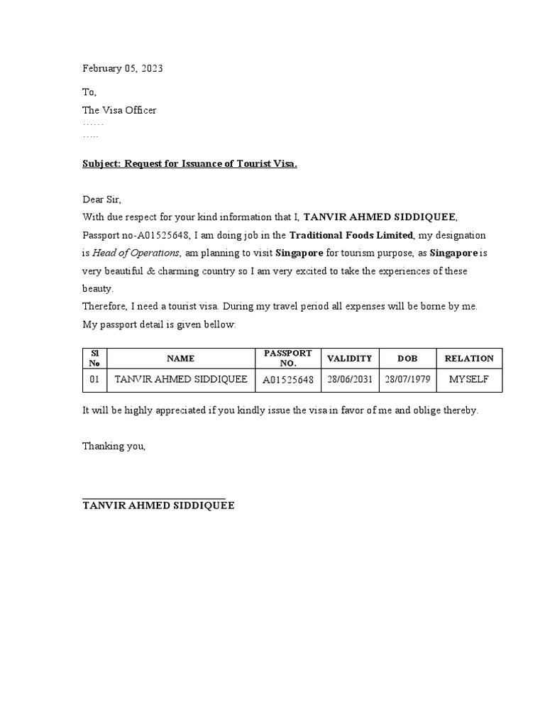 Request Letter For Issuance of Tourist Visa - Single App | PDF