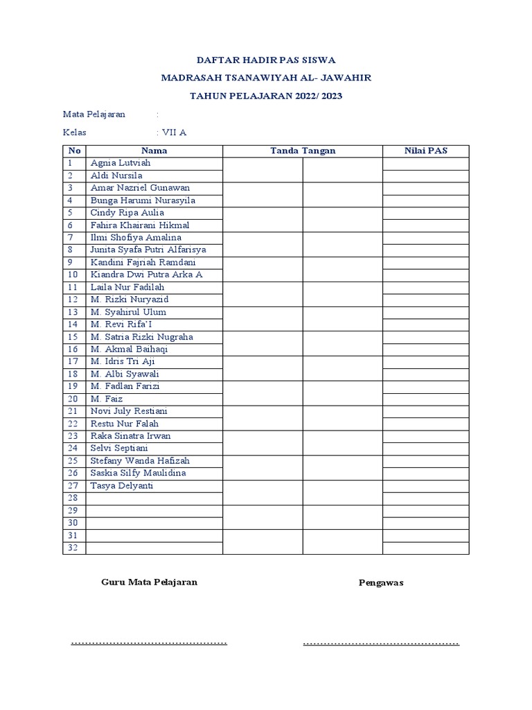 Daftar Hadir Pas Siswa 2022 - 2023 | PDF