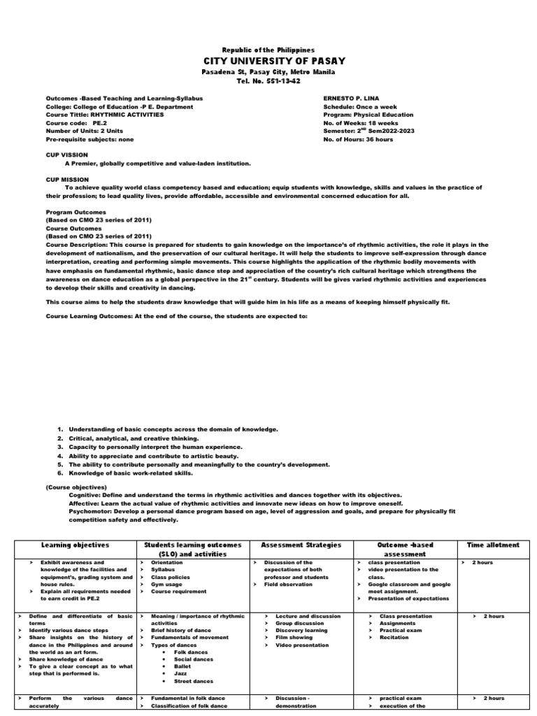 Rhythmic Activities Syllabus 2023 | PDF | Dances | Learning