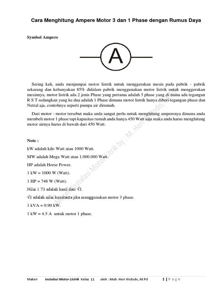 Materi 3. Cara Menghitung Arus Motor 3 Dan 1 Phase Dengan Rumus Daya | PDF