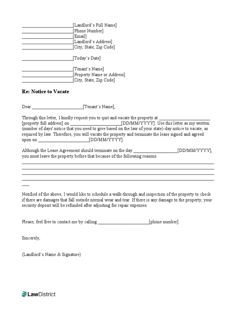 Landlord's Notice to Vacate Template | PDF | Law