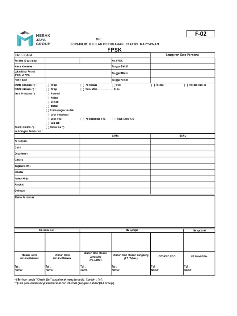 Formulir Usulan Perubahan Status Karyawan: Basic Data Lampiran Data Personal | PDF