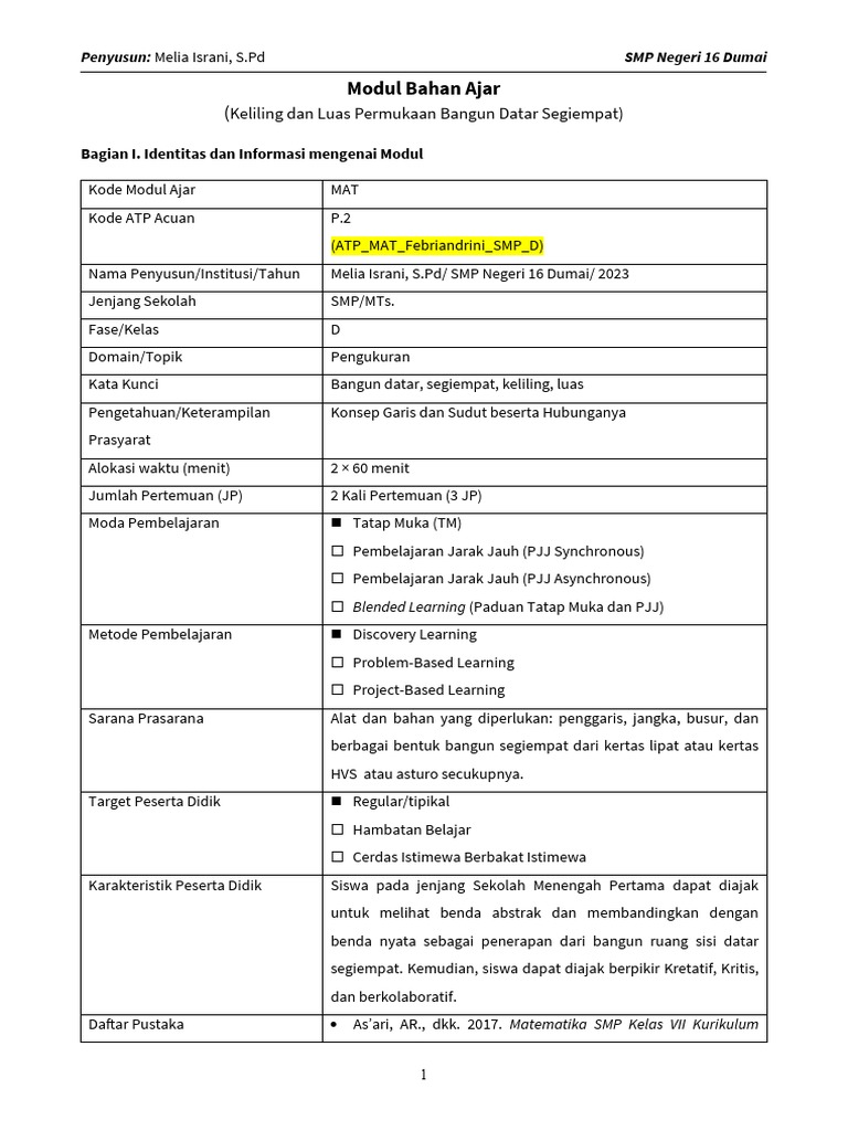MODUL AJAR - Bangun Datar Kelas 7 .. | PDF