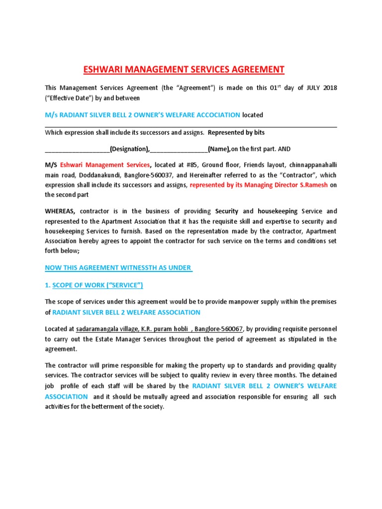Eshwari Management Services Agreement | PDF | Employment | Breach Of ...