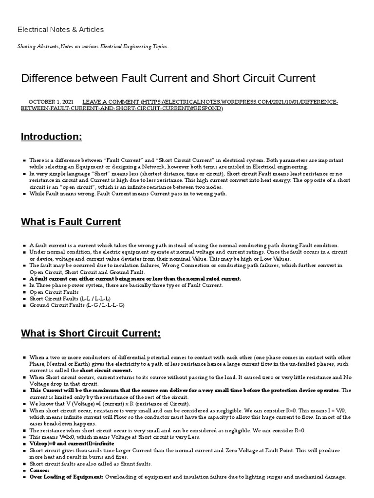 Difference Between Fault Current and Short Circuit Current - Electrical ...