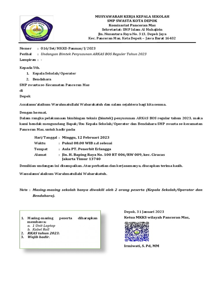 Undangan Bimtek ARKAS BOS 2023 Depok | PDF
