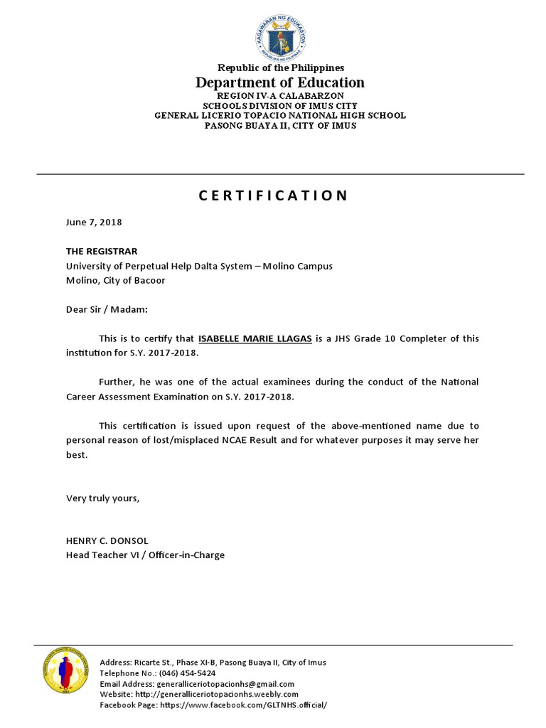 Cert For NO NCAE | PDF