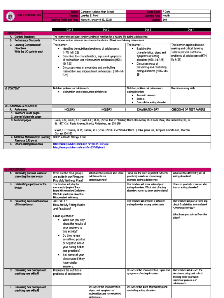 Nutrition and Eating Disorders Lesson Plan | PDF | Diet & Nutrition ...