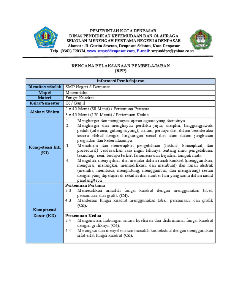 RPP - Fungsi Kuadrat - PBL | PDF | Metode & Bahan Ajar