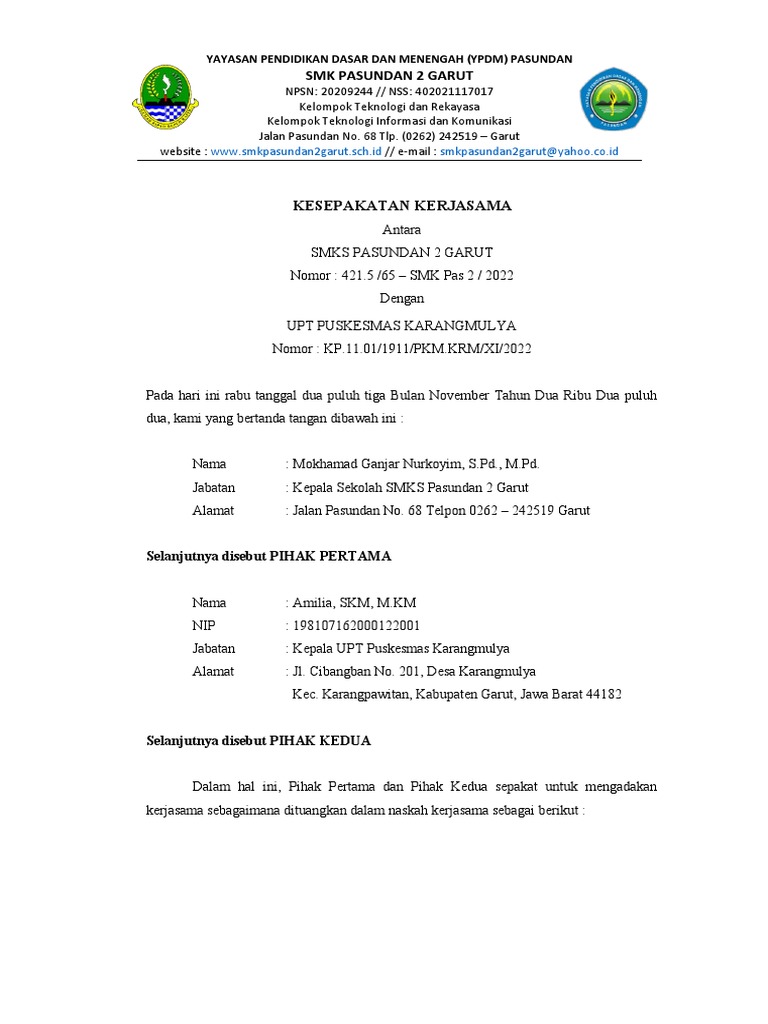 Kesepakatan Kerjasama SMK Dan Dudi | PDF