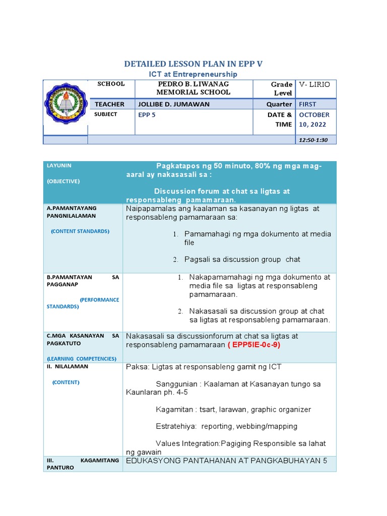 DETAILED LESSON PLAN IN EPP 5 Nakasasali Sa Discussionforum at Chat Sa ...