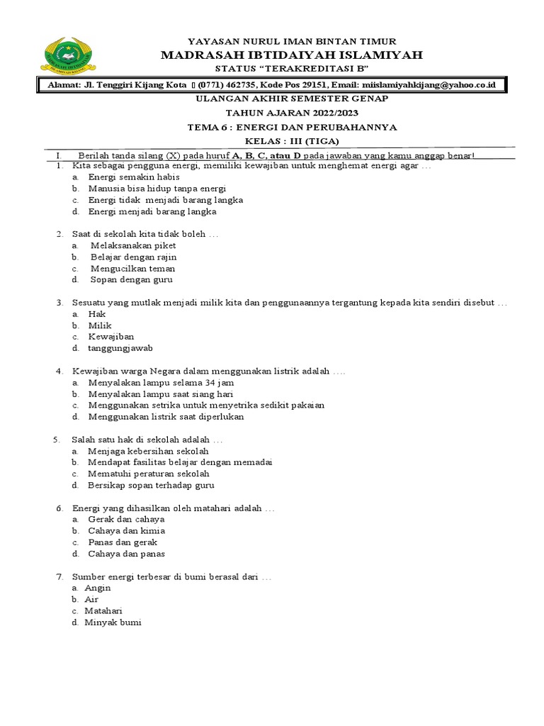 Soal Ujian Tema 6 | PDF