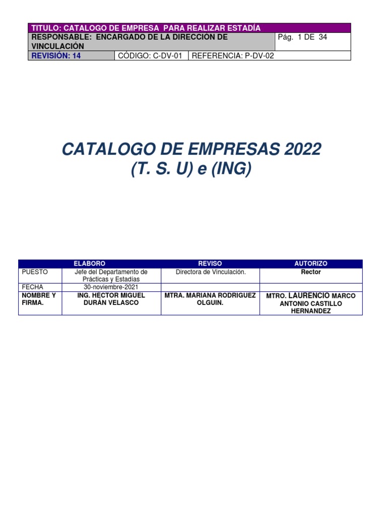 Catalogo Empresas Estadias 2022 TSU ING | PDF | Economias | Ingeniería