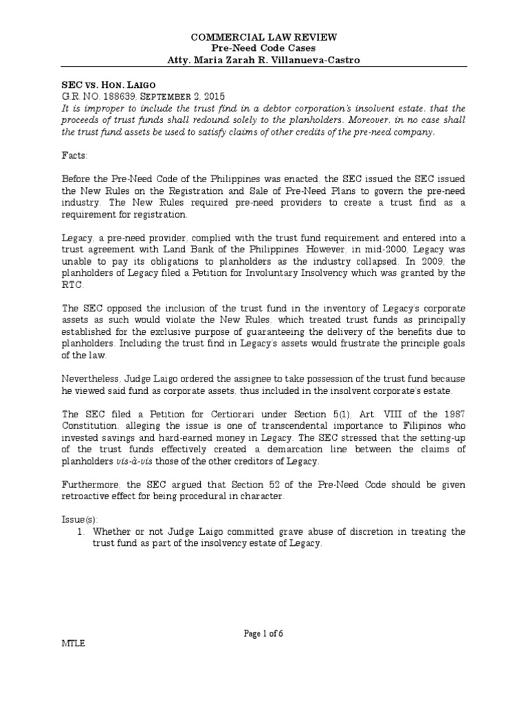 Pre-Need Code Cases - Zara - CommRev | PDF | Trust Law | Trustee