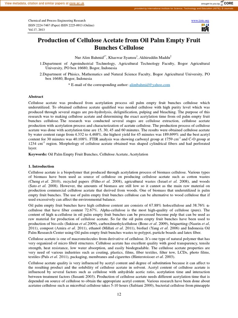 Production of Cellulose Acetate From Oil Palm Empty Fruit Bunches ...