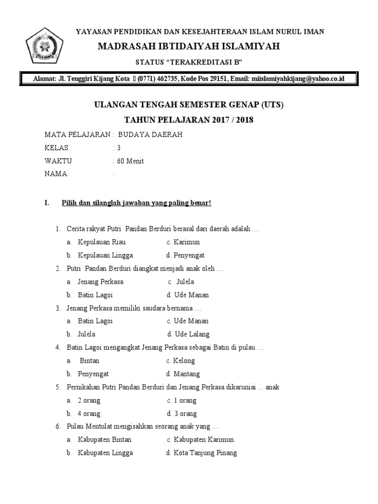 Soal Budaya Daerah Uts Kls 3 | PDF