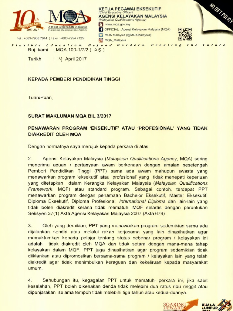 Surat Makluman MQA Bil. 3 Tahun 201720aprl | PDF