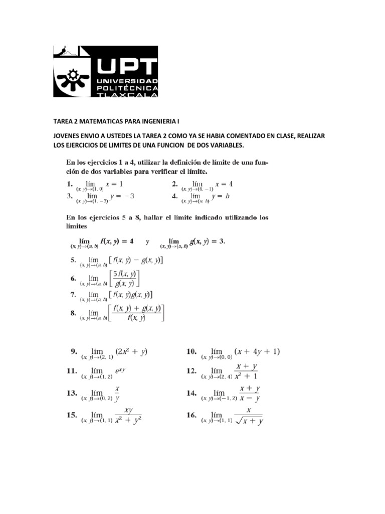 Tarea 2 1er Par Matematicas para Ing. I 5C, 5D, 5e y 5F | PDF | Métodos y materiales de ...