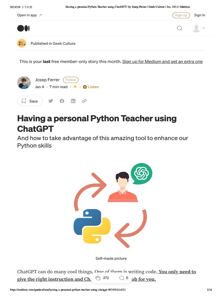 Having A Personal Python Teacher Using ChatGPT - by Josep Ferrer - Geek ...