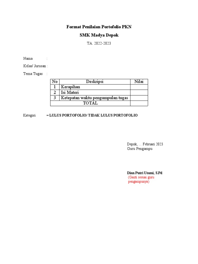 Format Nilai Portofolio PKN | PDF